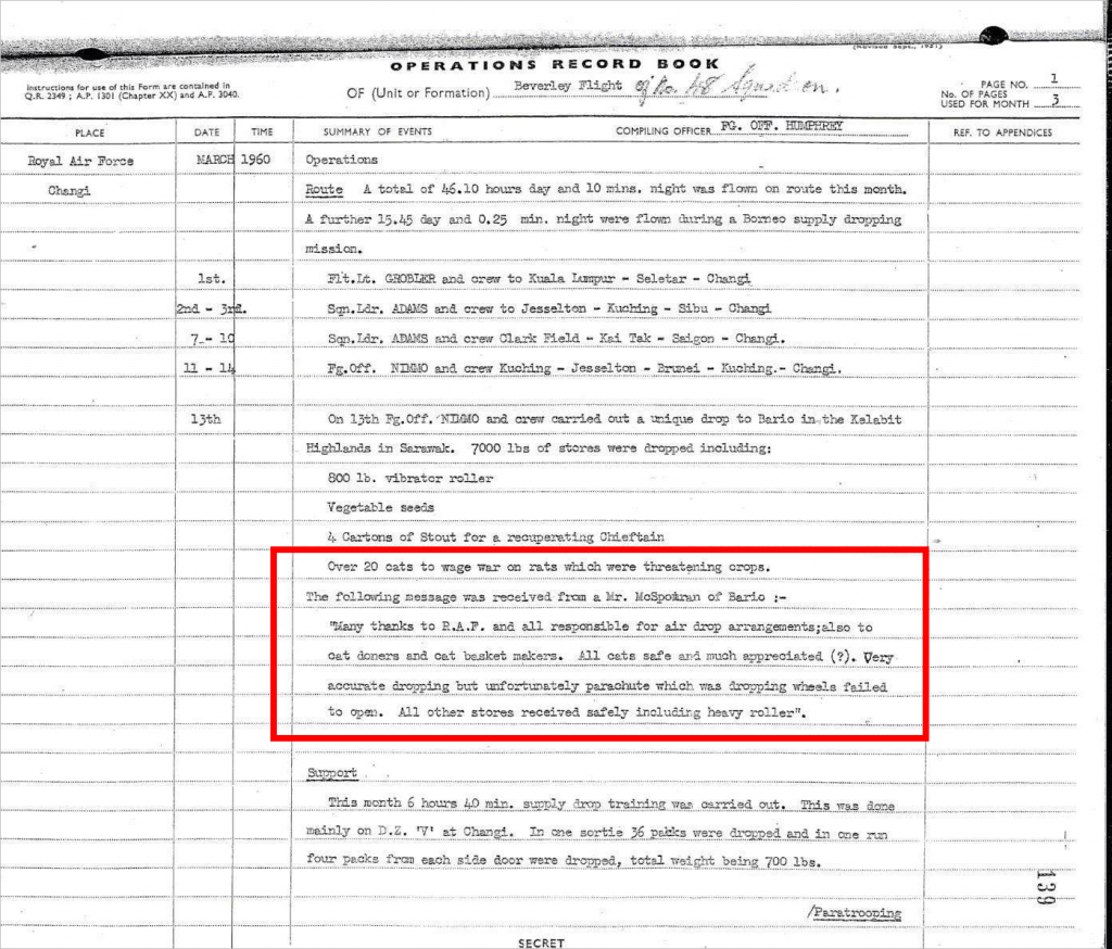 In the 1950s, the British RAF parachuted cats down into Sarawak. Yes ...